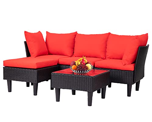 FDW Patio Furniture Sets 5 Pieces Outdoor Wicker Conversation Set Sectional Sofa Rattan Chair for Outdoor Backyard Porch Poolside Balcony Garden Furniture with Coffee Table,Red Cushion