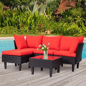 FDW Patio Furniture Sets 5 Pieces Outdoor Wicker Conversation Set Sectional Sofa Rattan Chair for Outdoor Backyard Porch Poolside Balcony Garden Furniture with Coffee Table,Red Cushion