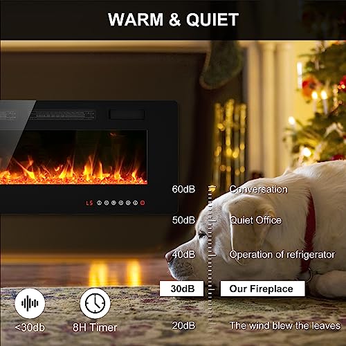 BREEZEHEAT 50inch Electric Fireplace Recessed Wall Mounted-Ultra Thin Fireplace Heater for Living Room/Bedroom with 2 Heat Vents, Remote Control, Touch Screen, Adjustable Flame, 8H Timer, 750w/1500w