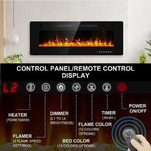 BREEZEHEAT 50inch Electric Fireplace Recessed Wall Mounted-Ultra Thin Fireplace Heater for Living Room/Bedroom with 2 Heat Vents, Remote Control, Touch Screen, Adjustable Flame, 8H Timer, 750w/1500w