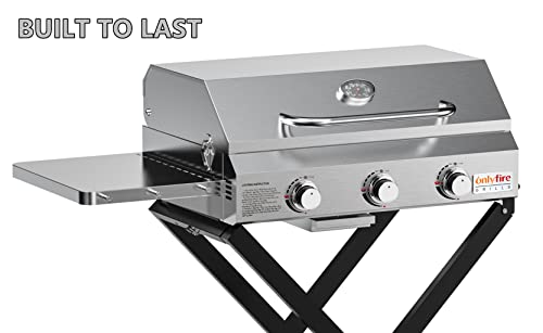 Onlyfire BBQ Gas Grill with 3 Burners and Foldable Cart for Easy Transport, Stainless Steel Portable Propane Grill with Versatile Side Shelf for Outdoor Patio Backyard Camping, Tailgating, RV Trip