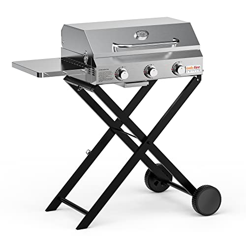 Onlyfire BBQ Gas Grill with 3 Burners and Foldable Cart for Easy Transport, Stainless Steel Portable Propane Grill with Versatile Side Shelf for Outdoor Patio Backyard Camping, Tailgating, RV Trip