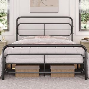 topeakmart full bed frames metal platform bed with modern geometric patterned headboard, easy assemble, 13 inch underbed storage, no box spring needed, black