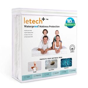 letech+ waterproof mattress protector fitted style, king size 100% cotton terry smooth and breathable top, mattress cover - noiseless vinyl-free deep pocket machine washable protector