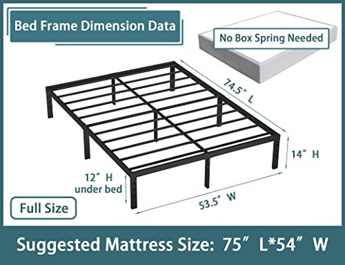 Rooflare Full Bed Frame 14 Inch High 9 Legs Max 3500lbs Heavy Duty Metal Full Size Platform for Boys Girls Kids No Box Spring Needed Black Easy to Assemble-Black