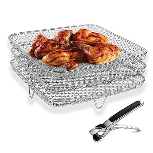 8inch Air Fryer Rack Compatible with Instant Vortex, Philips, COSORI Air Fryer, Fits 4.2QT-5.8QT Air Fryer, Square 3 Stackable Racks, Stainless Steel Dehydrator Rack Air fryer Accessories