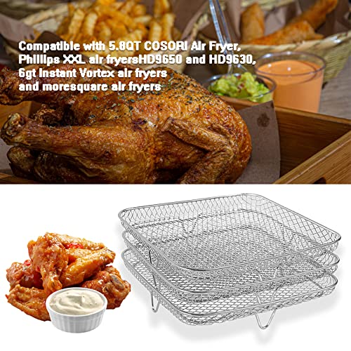 8inch Air Fryer Rack Compatible with Instant Vortex, Philips, COSORI Air Fryer, Fits 4.2QT-5.8QT Air Fryer, Square 3 Stackable Racks, Stainless Steel Dehydrator Rack Air fryer Accessories