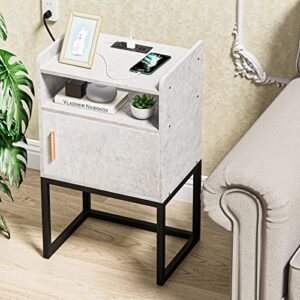 Gannyfer Nightstand with Charging Station, Night Stand with USB Ports and Storage Cabinet, Small End Side Table, Wood Bedside Table for Bedroom,Living Room,Modern White