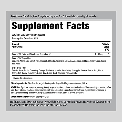 Piping Rock Fruits and Veggies Supplement | 250 Capsules | Superfood Fruit and Vegetables Vitamins | Vegetarian, Non-GMO, Gluten Free