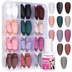 press on nails, fandamei 12 packs 288pcs matte acrylic medium almond short stiletto fake nails full cover with 10g nail glue, 12 solid color false nails for nail art diy