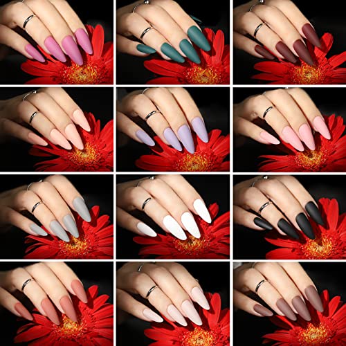 Press on Nails, FANDAMEI 12 Packs 288PCS Matte Acrylic Medium Almond Short Stiletto Fake Nails Full Cover with 10g Nail Glue, 12 Solid Color False Nails for Nail Art DIY