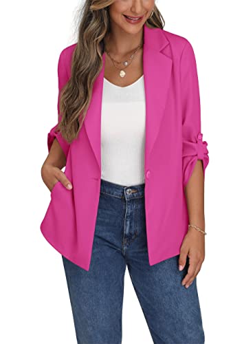 GRECERELLE Womens Casual Blazers Long Sleeve Lapel Open Front Work Office Jacket with Pockets(16, Hot Pink)