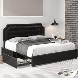 Keyluv King Size Bed Frame with 4 Drawers, Upholstered Platform Storage Bed with Curved Button Tufted Headboard with Nailhead Trim, Solid Wooden Slats Support, No Box Spring Needed, Black