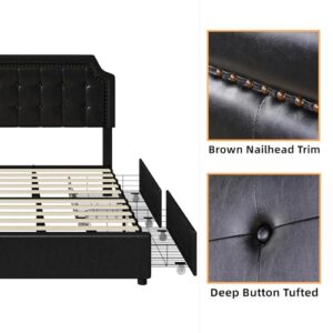 Keyluv King Size Bed Frame with 4 Drawers, Upholstered Platform Storage Bed with Curved Button Tufted Headboard with Nailhead Trim, Solid Wooden Slats Support, No Box Spring Needed, Black