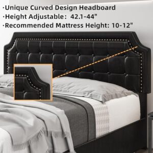 Keyluv King Size Bed Frame with 4 Drawers, Upholstered Platform Storage Bed with Curved Button Tufted Headboard with Nailhead Trim, Solid Wooden Slats Support, No Box Spring Needed, Black