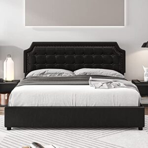 Keyluv King Size Bed Frame with 4 Drawers, Upholstered Platform Storage Bed with Curved Button Tufted Headboard with Nailhead Trim, Solid Wooden Slats Support, No Box Spring Needed, Black