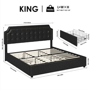 Keyluv King Size Bed Frame with 4 Drawers, Upholstered Platform Storage Bed with Curved Button Tufted Headboard with Nailhead Trim, Solid Wooden Slats Support, No Box Spring Needed, Black