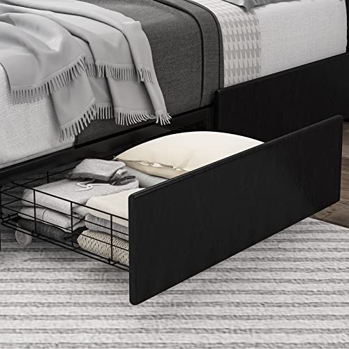 Keyluv King Size Bed Frame with 4 Drawers, Upholstered Platform Storage Bed with Curved Button Tufted Headboard with Nailhead Trim, Solid Wooden Slats Support, No Box Spring Needed, Black