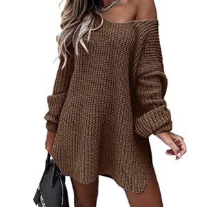 NOLLSOM Women Casual Long Sleeve Relaxed Fit Long Pullover Off Shoulder Solid Ribbed Knit Sweater Jumper Fall Winter(Solid Brown,Large)