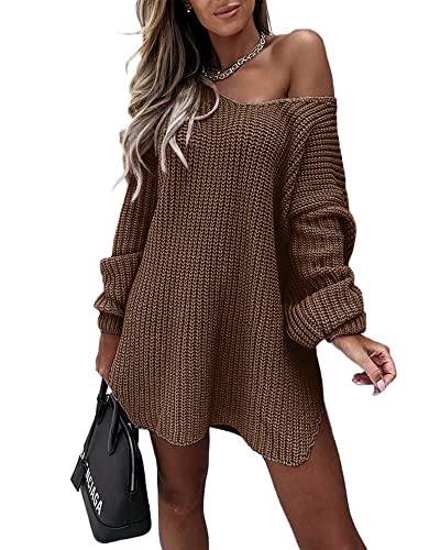 NOLLSOM Women Casual Long Sleeve Relaxed Fit Long Pullover Off Shoulder Solid Ribbed Knit Sweater Jumper Fall Winter(Solid Brown,Large)