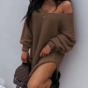 NOLLSOM Women Casual Long Sleeve Relaxed Fit Long Pullover Off Shoulder Solid Ribbed Knit Sweater Jumper Fall Winter(Solid Brown,Large)