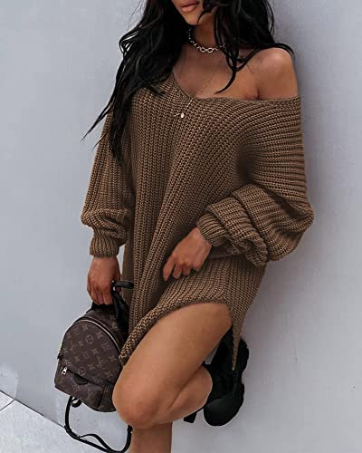 NOLLSOM Women Casual Long Sleeve Relaxed Fit Long Pullover Off Shoulder Solid Ribbed Knit Sweater Jumper Fall Winter(Solid Brown,Large)