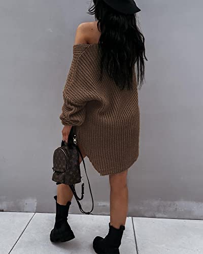 NOLLSOM Women Casual Long Sleeve Relaxed Fit Long Pullover Off Shoulder Solid Ribbed Knit Sweater Jumper Fall Winter(Solid Brown,Large)