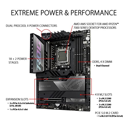 ASUS ROG Crosshair X670E Hero (WiFi 6E) Socket AM5 (LGA 1718) Ryzen 7000 Gaming Motherboard(18+2 Power Stages, PCIe® 5.0, DDR5,5xM.2 Slots,Front-Panel USB 3.2 Gen 2x2, USB4®, Wi-Fi 6E)