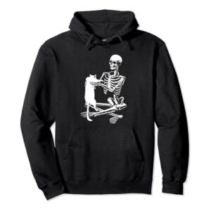 Skeleton Holding A Cat Shirt Lazy Halloween Costume Skull Pullover Hoodie