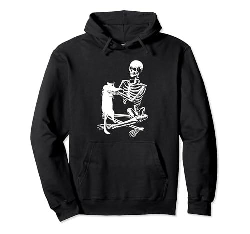 Skeleton Holding A Cat Shirt Lazy Halloween Costume Skull Pullover Hoodie