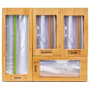 UNEXZON Bamboo Ziplock Bag Storage Organizer For Kitchen Drawer. Ziploc & Plastic Bag Holder, Baggie Organizer Compatible With Gallon, Quart, Sandwich & Snack Variety Size Food Bags (1 Box 4 Slots)