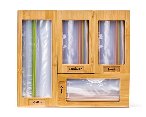 UNEXZON Bamboo Ziplock Bag Storage Organizer For Kitchen Drawer. Ziploc & Plastic Bag Holder, Baggie Organizer Compatible With Gallon, Quart, Sandwich & Snack Variety Size Food Bags (1 Box 4 Slots)