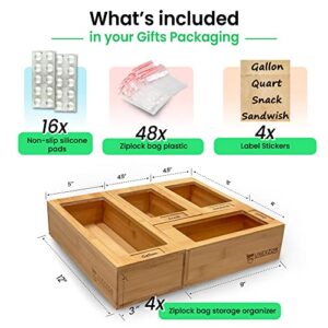 UNEXZON Bamboo Ziplock Bag Storage Organizer For Kitchen Drawer. Ziploc & Plastic Bag Holder, Baggie Organizer Compatible With Gallon, Quart, Sandwich & Snack Variety Size Food Bags (1 Box 4 Slots)