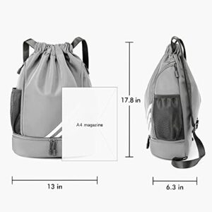 neyrat Water Resistant Drawstring Backpack Swim Gym Sport Draw String Back Bag with Shoes Compartment for Men Women Children (Grey)