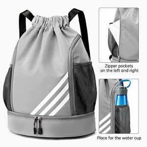 neyrat Water Resistant Drawstring Backpack Swim Gym Sport Draw String Back Bag with Shoes Compartment for Men Women Children (Grey)