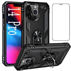 phone cases designed for iphone 14 pro case with screen protector ring stand magnetic kickstand ip14 i14 i x14 fourteen 14s pro 14pro pro14 phone case cover black