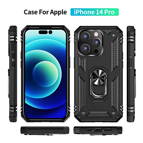 Phone Cases Designed for iPhone 14 Pro Case with Screen Protector Ring Stand Magnetic Kickstand ip14 i14 i x14 Fourteen 14S Pro 14Pro Pro14 Phone Case Cover Black