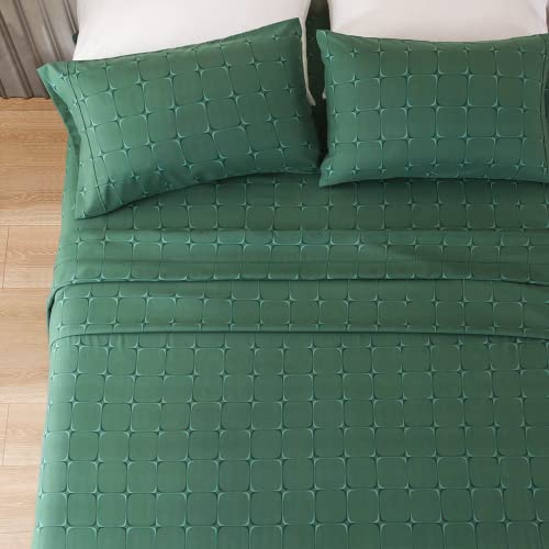 KeoWin Queen Bed Sheet Set 4PC 100% Microfiber up to Around 15" Deep Pocket, Super Soft Cooling Breathable Brushed Double Bedding, Machine Washable & Easy Care, Wrinkle Free - 3D Grid (Green)