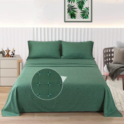 KeoWin Queen Bed Sheet Set 4PC 100% Microfiber up to Around 15" Deep Pocket, Super Soft Cooling Breathable Brushed Double Bedding, Machine Washable & Easy Care, Wrinkle Free - 3D Grid (Green)