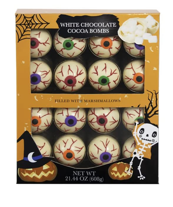 NS Halloween White Chocolate Cocoa Bombs with Mini Marshmallows Inside, Spooky Eyeball Hot Melting Choco Melting Balls Great for Candy Bowl, Party Favor Christmas Holiday Stuffer Gifts 21.44oz (16ct)