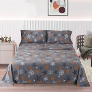 KeoWin Queen Bed Sheet Set 4PC 100% Microfiber up to Around 15" Deep Pocket, Super Soft Cooling Breathable Brushed Double Bedding, Machine Wash, Easy Care, Wrinkle Free - Snowflake (Grey)