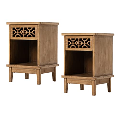 COZAYH Set of 2 Retro Rustic Nightstand Solid Fir End Table Side Table with Hand Carved Front and Open Shelf for Boho, French Country, Farmhouse Style, Natural (Z03003-2P)