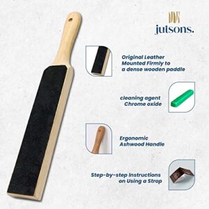 JUTSONS Original Leather Strop for Knife Sharpening & Razor Sharp Tools. 14" x 2" Large Double Sided Stropping Leather for Wood Working with Stropping Compound