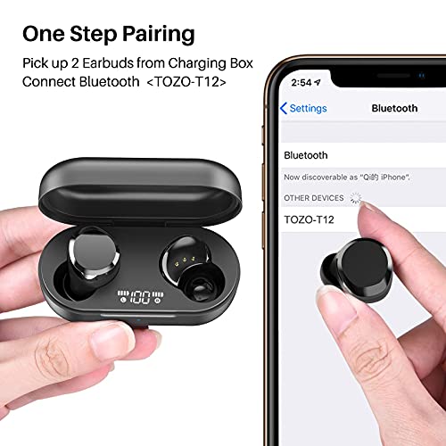 TOZO T12 Bluetooth Earbuds Wireless Headphones Touch Control Authentic Fidelity Sound Quality Comfortable to IPX8 Waterproof Earphones Matte Black