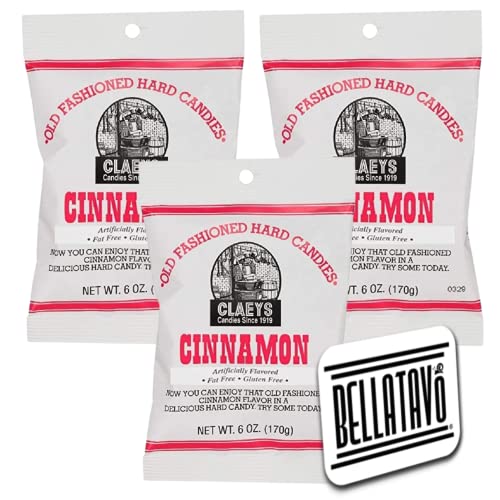 Cinnamon Hard Candy Bundle. Includes Three-6 Oz Bags of Claeys Old Fashioned Cinnamon Candy. Claeys Old Fashioned Hard Candy is Fat Free! Comes With a BELLATAVO Fridge Magnet!