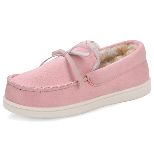 VONMAY Kids Slippers Boys Girls Moccasins House Shoes with Comfy Faux Fur Lining Memory Foam Slipper, Pink