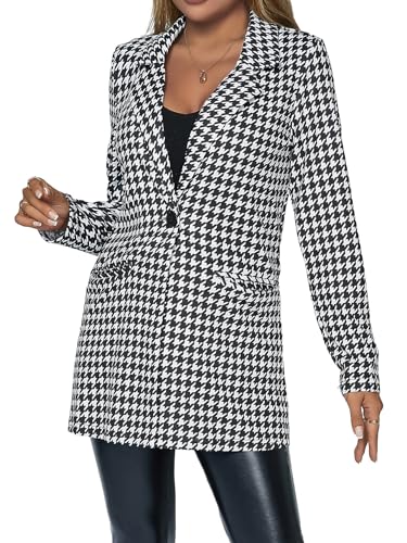 Floerns Women's Casual Work Office Open Front Striped Blazer Black White Houndstooth XL