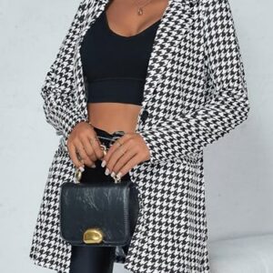 Floerns Women's Casual Work Office Open Front Striped Blazer Black White Houndstooth XL