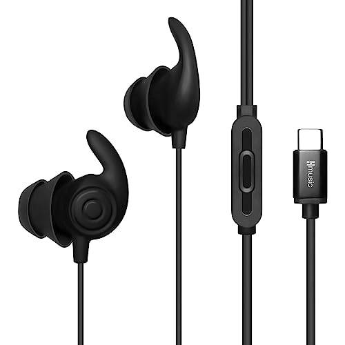 Hmusic Sleep Earbuds, Noise Isolation USB C Sleep Headphones Wired, Lightweight Soft Silicone Earplugs with Mic for Insomnia, Side Sleeper, Snoring, Air Travel, Yoga, Relaxation, Meditation (Black)