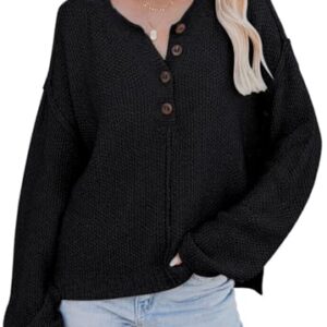 LILLUSORY Womens Black Tops V Neck Pullover Sweaters 2023 Fall Long Sleeve Waffle Knit Tunic Sweater Button Casual Henley Shirts